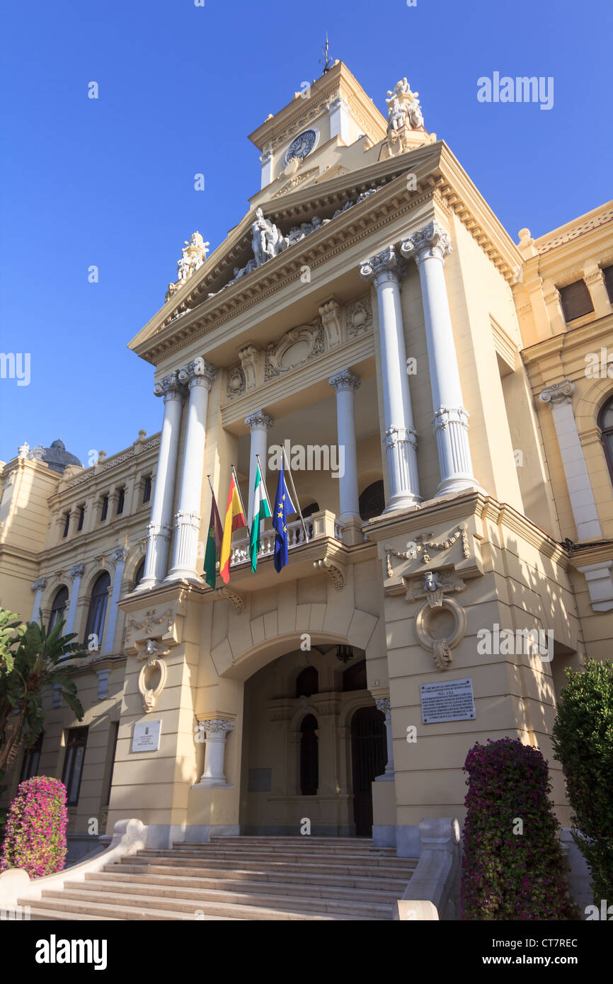City Hall of Malaga in Andalusia, Spain . Clear blue sky Stock Photo ...