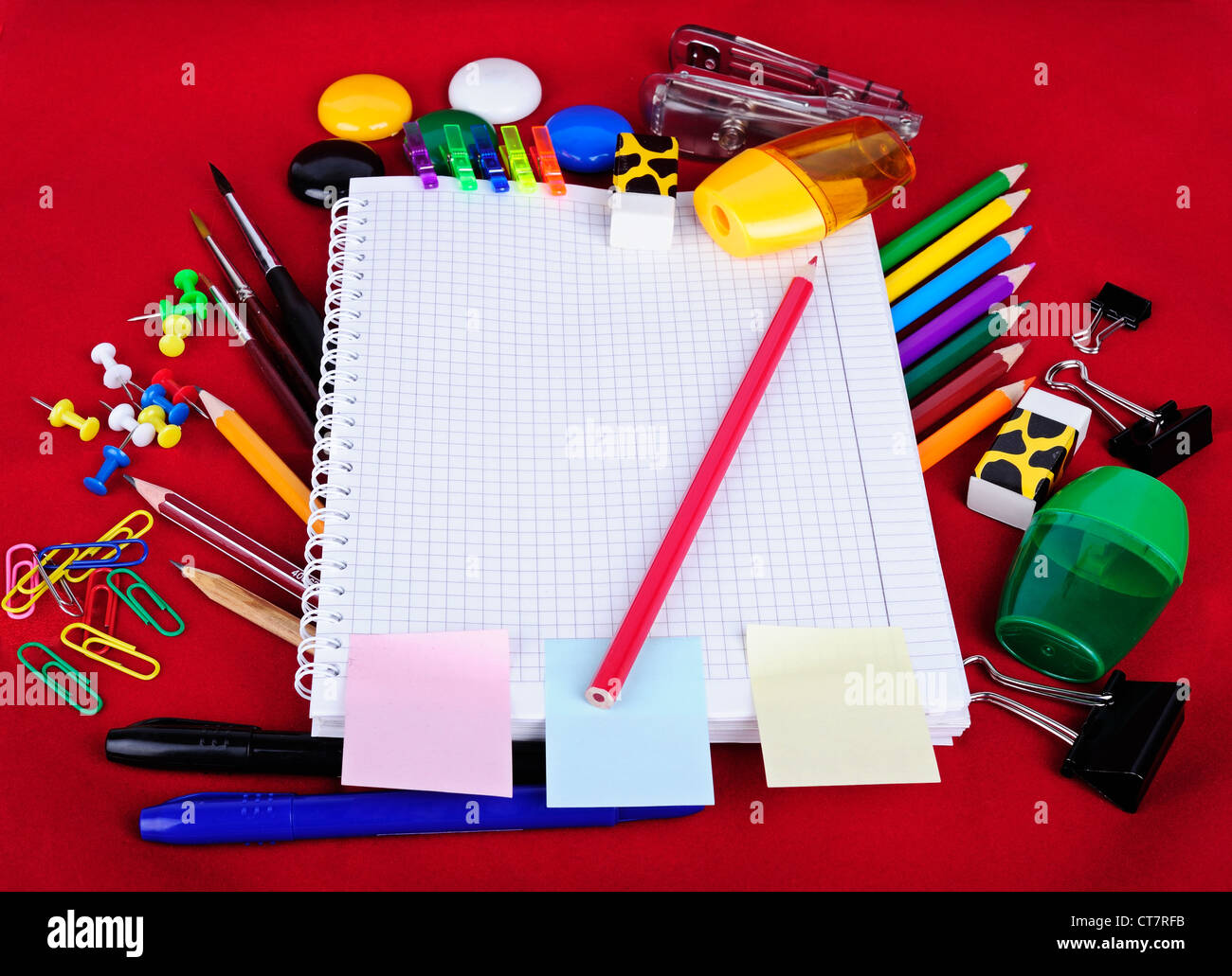 School education supplies items isolated on red background Stock Photo ...