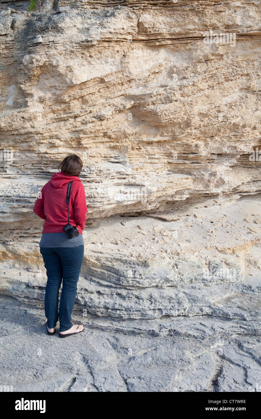 Cross-stratification in sandstone on a cliff-face on a beach Stock ...