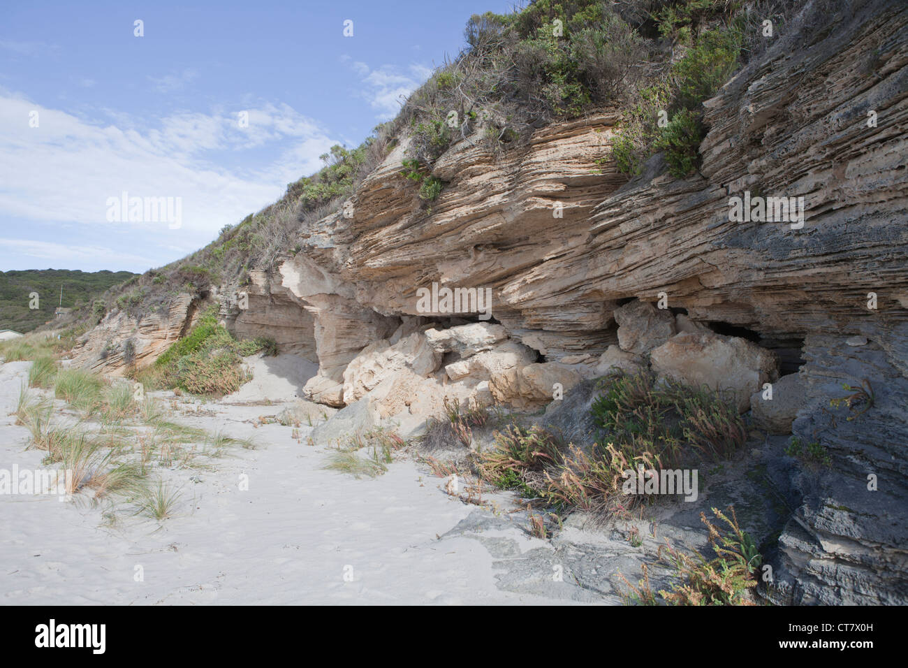 Cross-stratification in sandstone on a cliff-face on a beach Stock ...