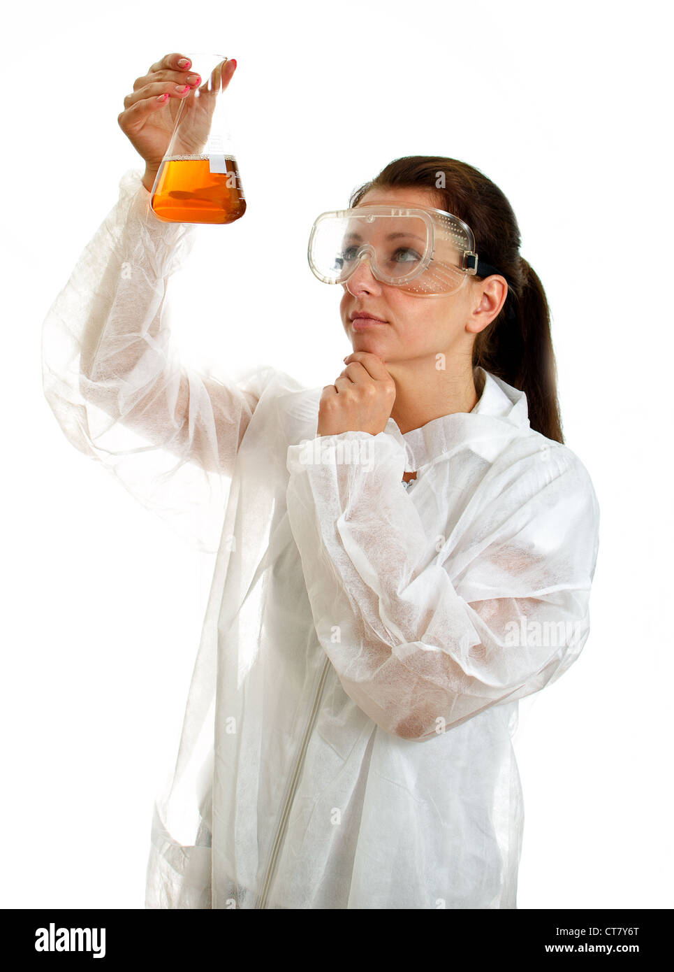 Female scientist in lab coat with chemical glassware. Isolated on white ...
