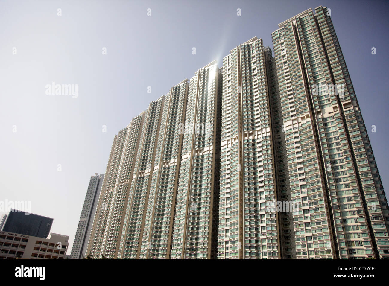 It's a photo of a group of Towers in Hong Kong with some trees around ...