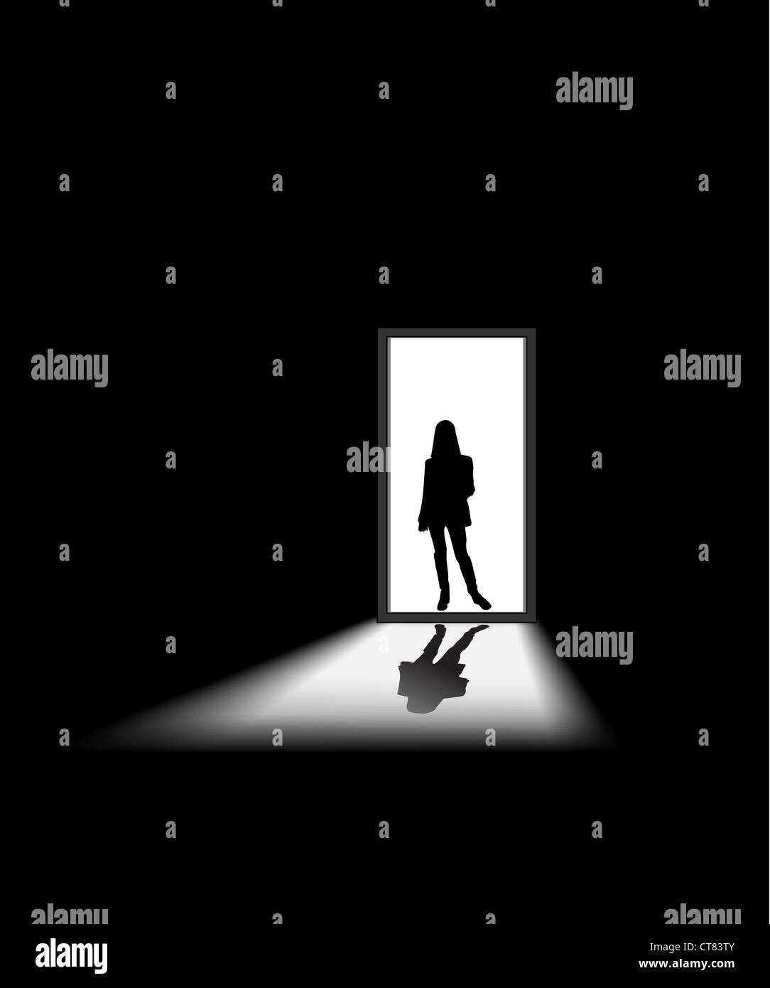 woman enters a dark room, to illustrate concept of unknown and fear ...
