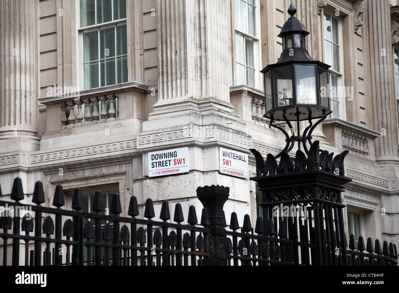 Downing Street Sign and Black Railings - London Whitehall - UK Stock ...