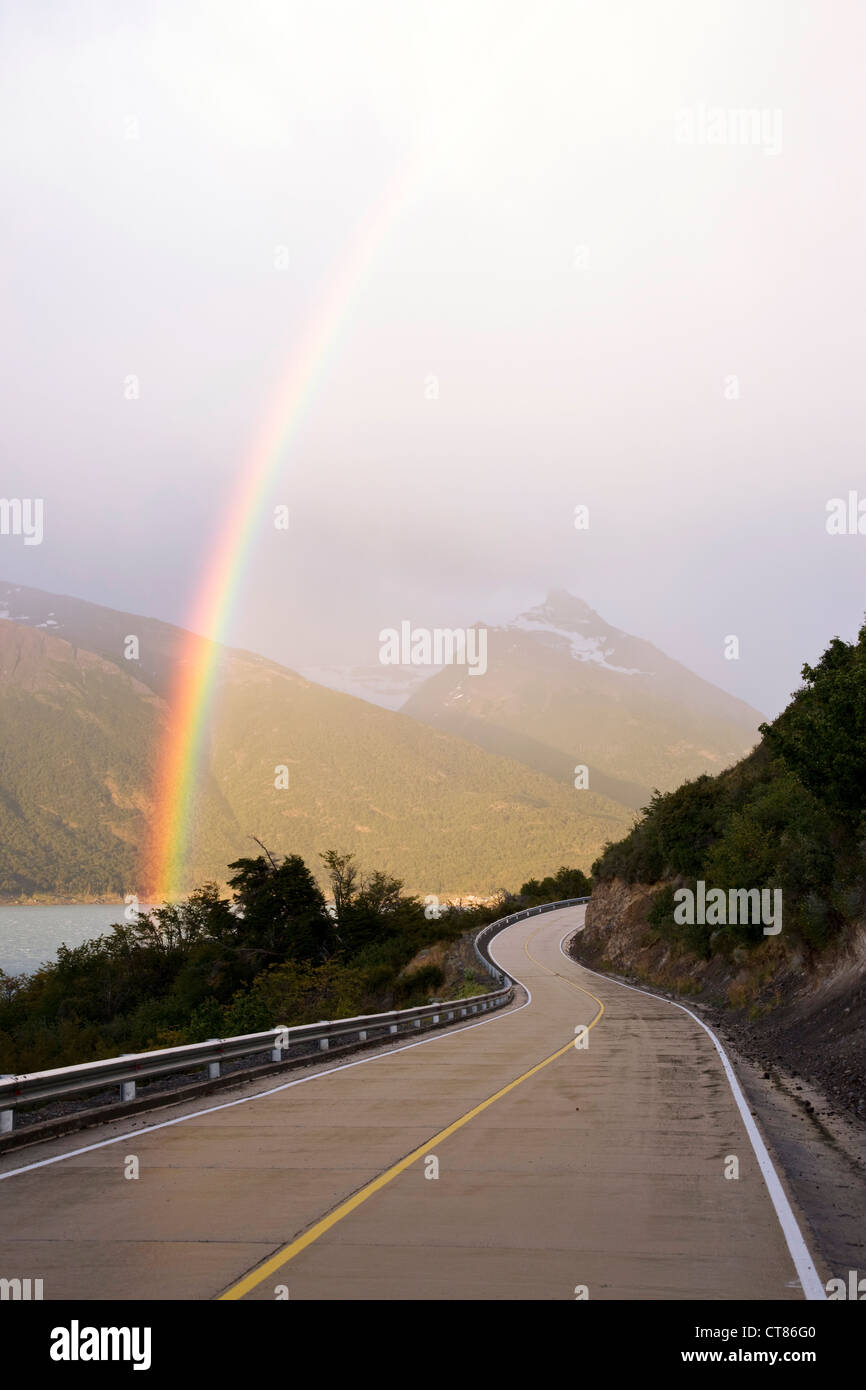 Rainbow above Brazo Rico which is a part of Lago Argentino Stock Photo ...