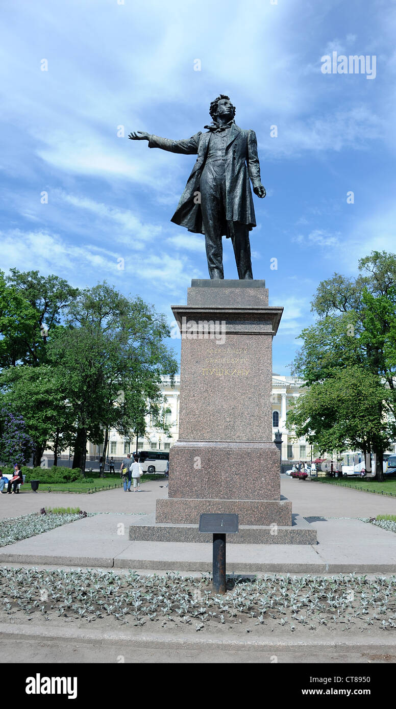 Commanding statue of Alexander Pushkin in the center of Arts Square, St ...