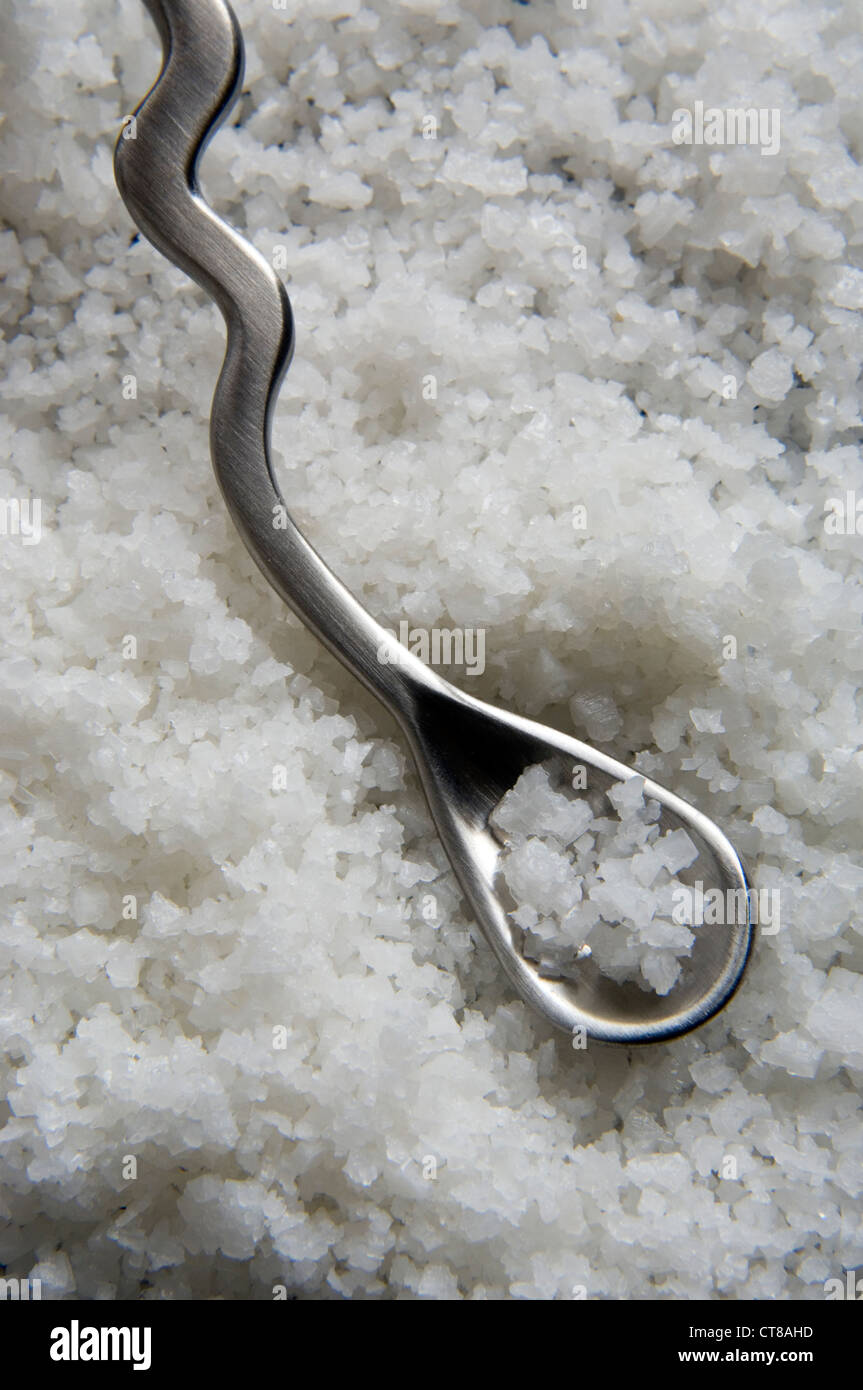 Atlantic sea salt crystals traditionally harvested in Portugal with ...
