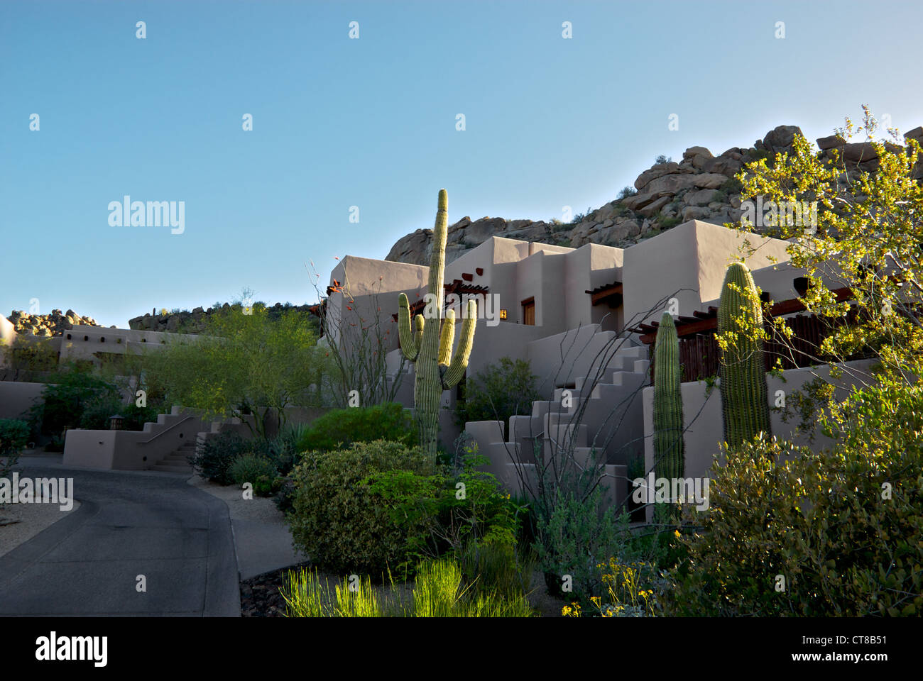 Low one two storey casitas rocky Sonoran desert setting saguaro cacti ...