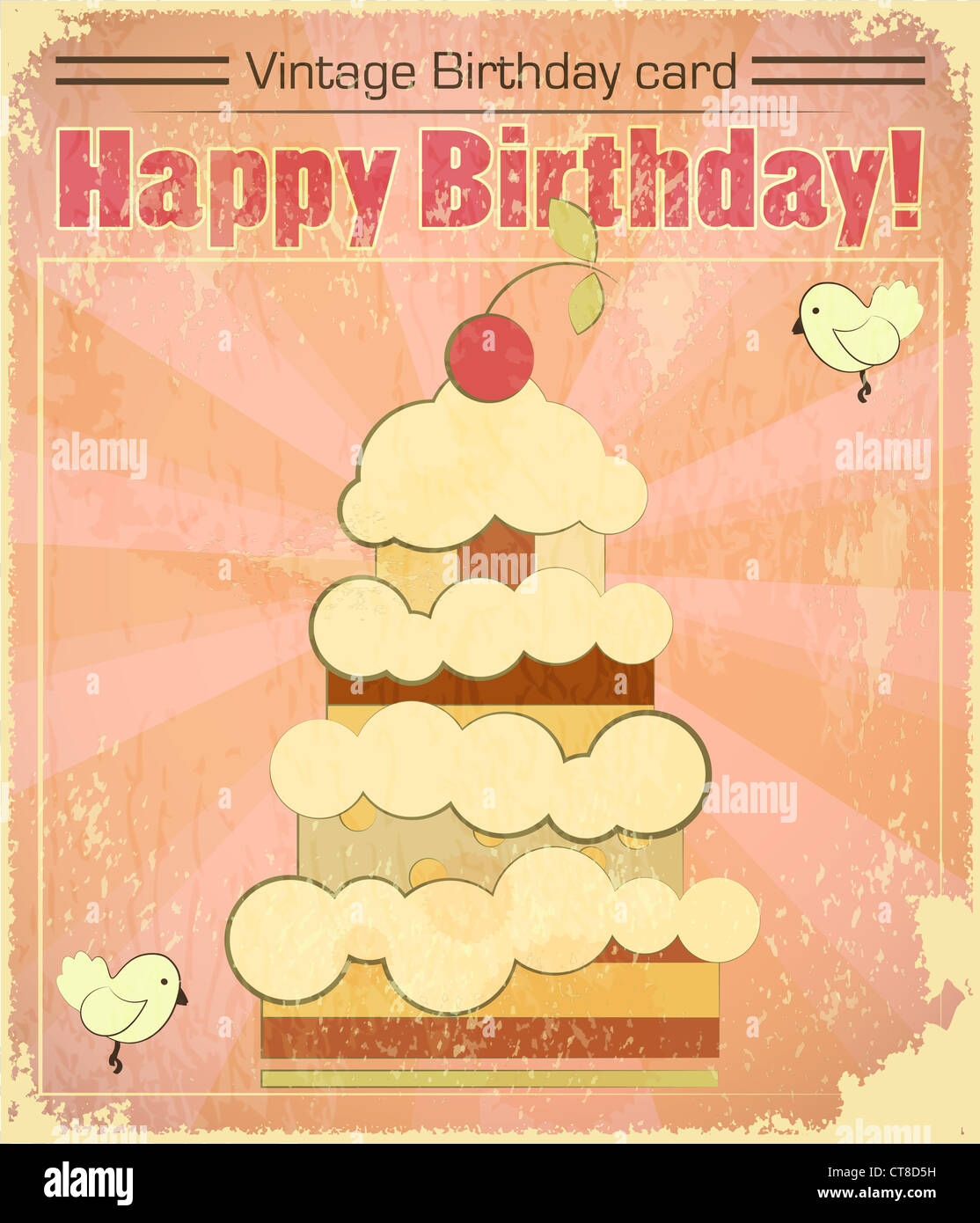 Vintage birthday card with big berry cake in retro style - illustration ...