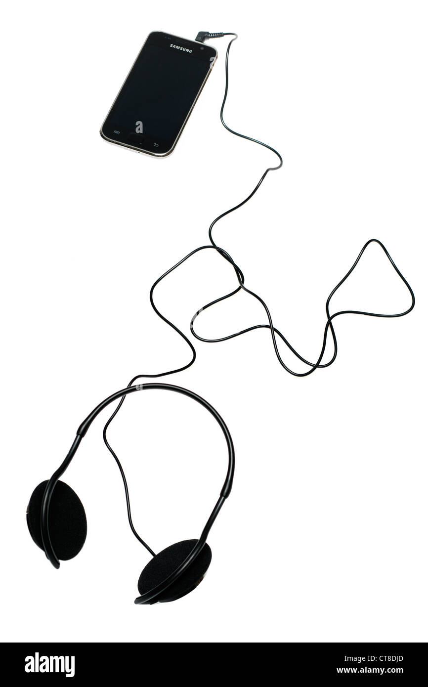Samsung media player attached to open ear headphones Stock Photo - Alamy
