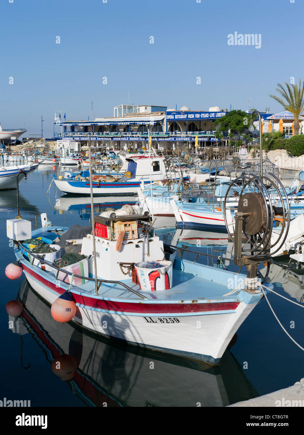 dh AYIA NAPA CYPRUS Cypriot fishing boat harbour cafe restaurant Stock ...