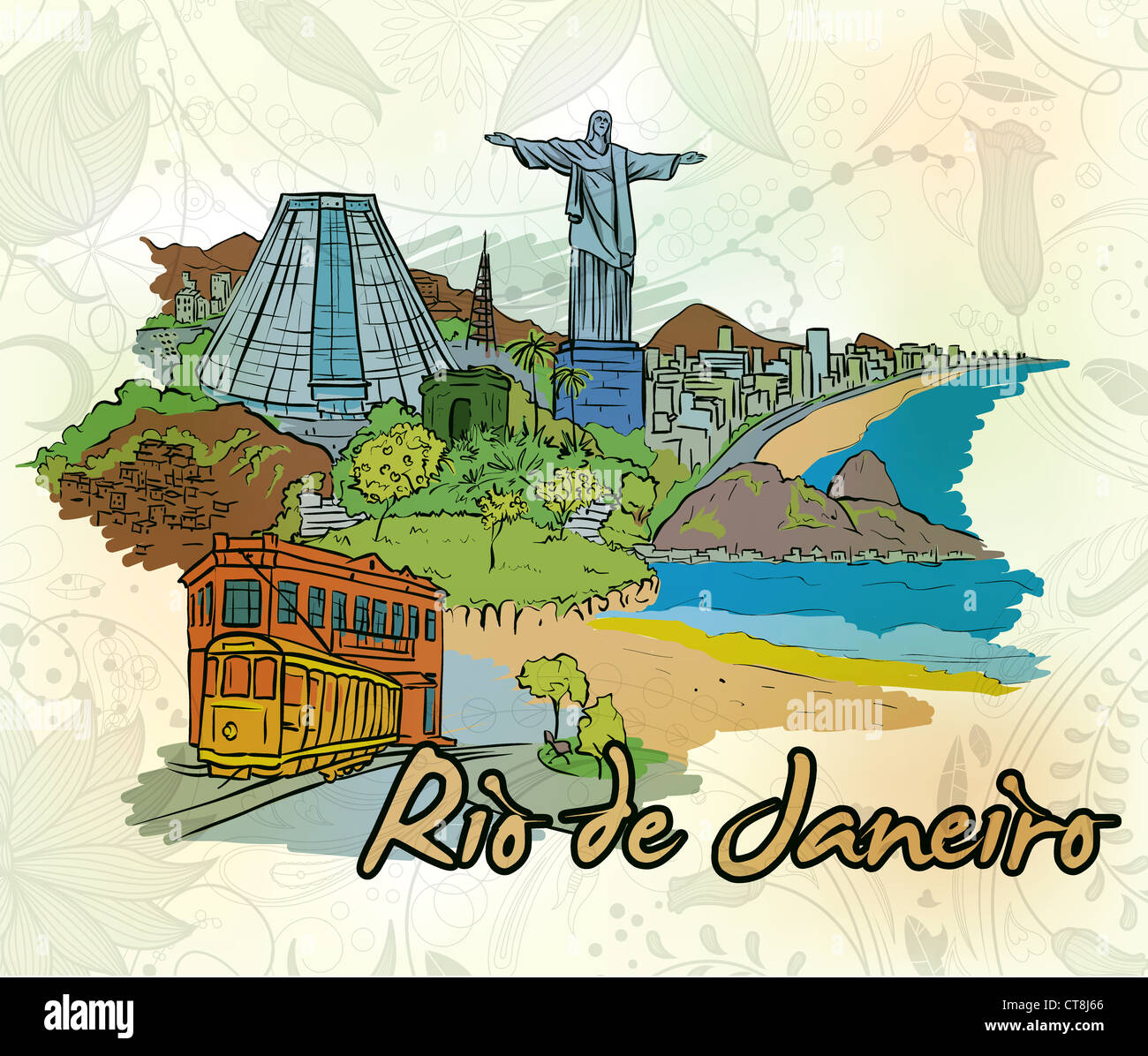 rio de janeiro doodles with floral vector illustration Stock Photo - Alamy