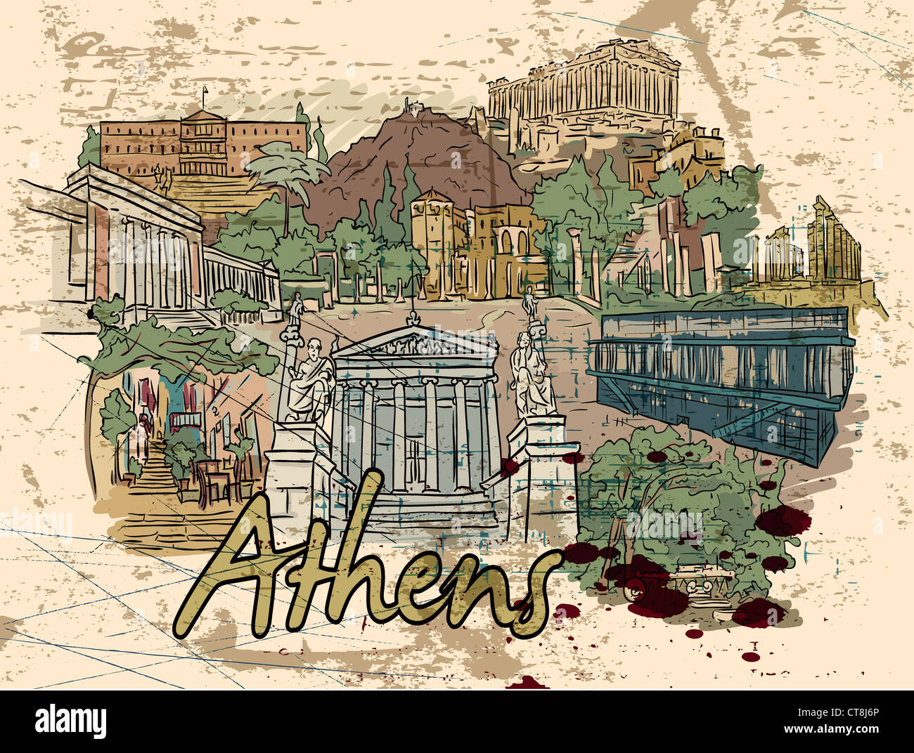 athens doodles with grunge vector illustration Stock Photo - Alamy