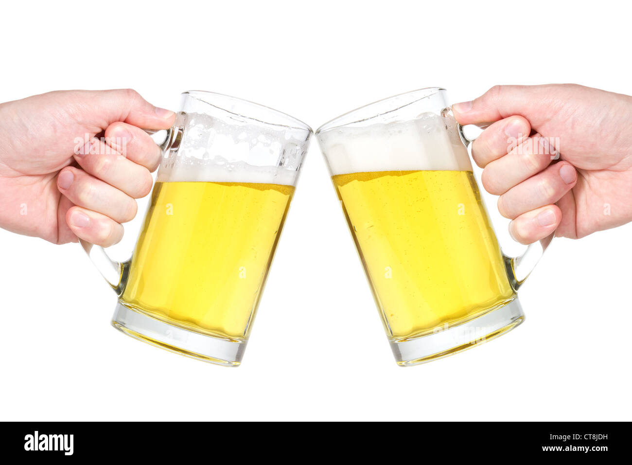 Two people making a toast with beer mugs against white background Stock ...
