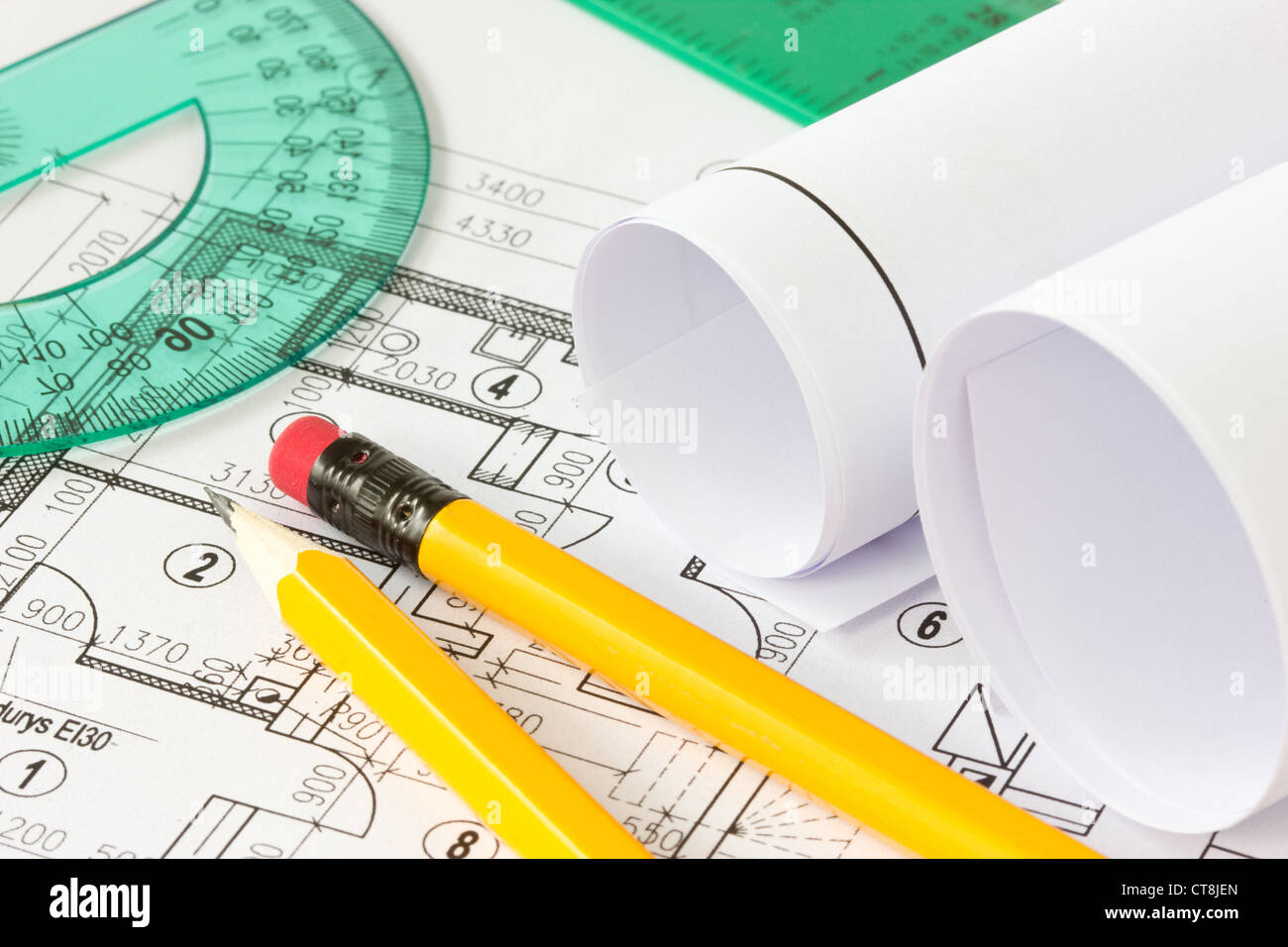 Part of architectural project with pencils and rulers Stock Photo - Alamy