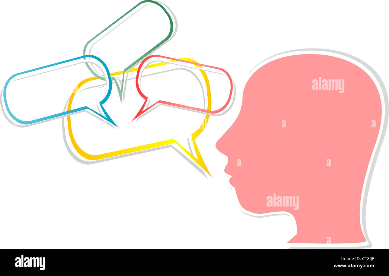 illustration of woman head with comic bubbles Stock Photo - Alamy