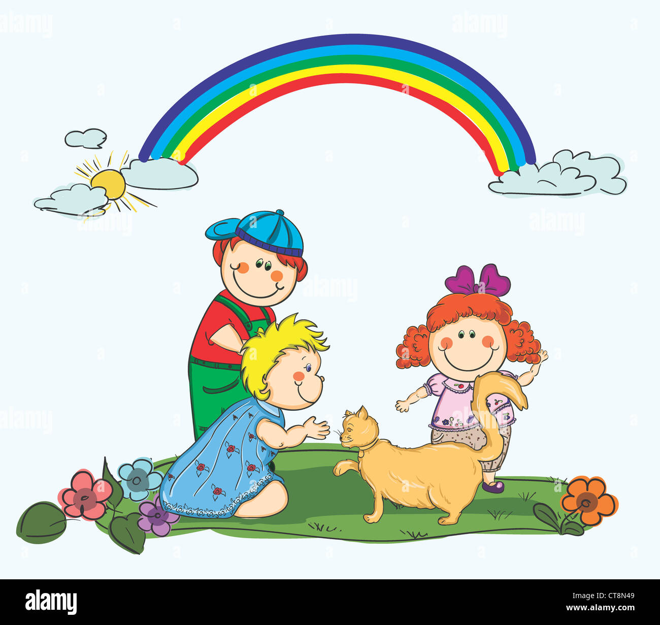 kids playing with a cat vector background Stock Photo - Alamy