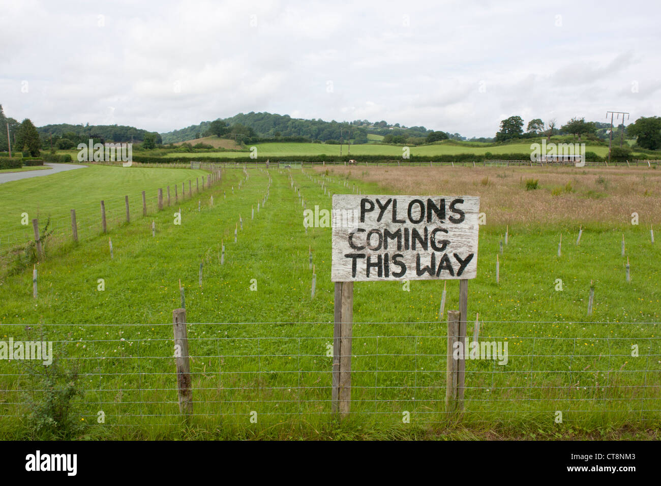 Pylons Coming This Way Hand-painted sign in field near Garthmyl Powys ...
