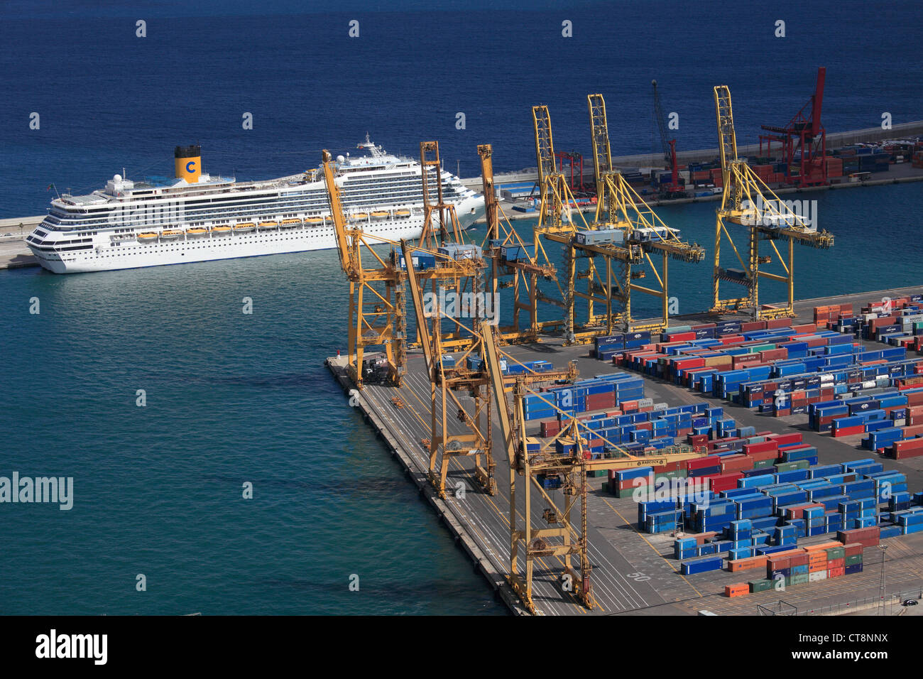 Spain, Catalonia, Barcelona, harbour, containers, cranes, cruise ship ...
