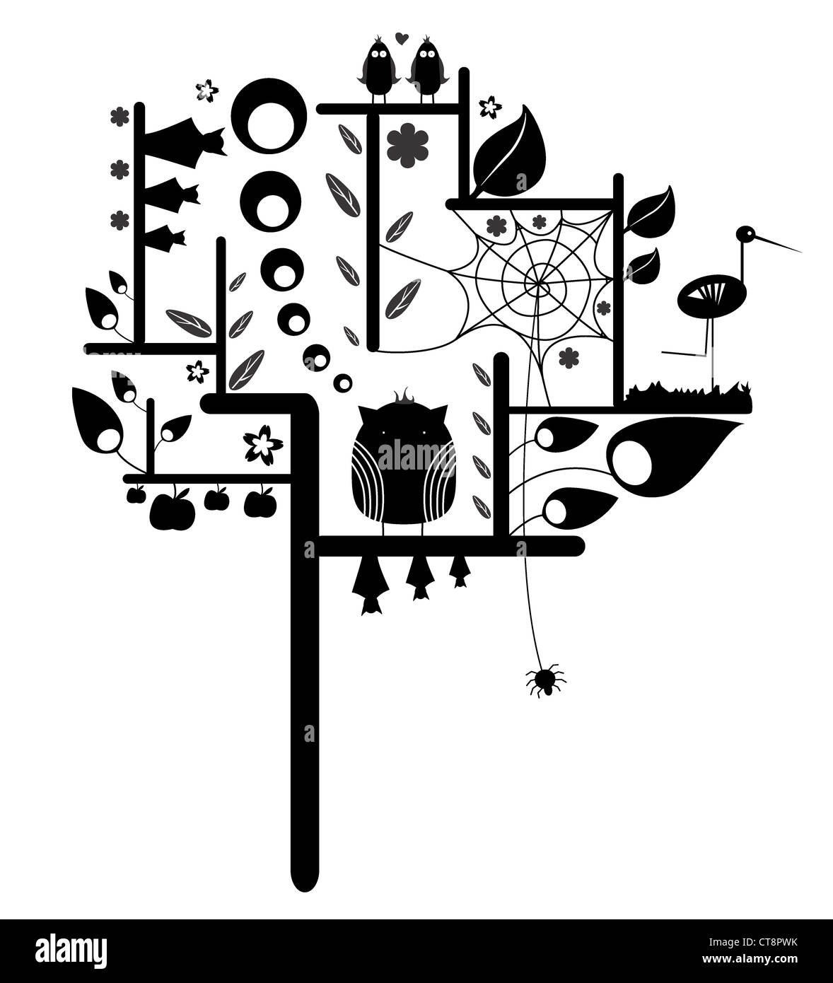 abstract tree with cute animals and leaves Stock Photo - Alamy