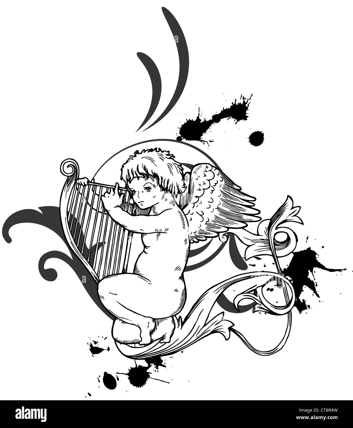 valentine illustration of a vintage angel with harp Stock Photo - Alamy