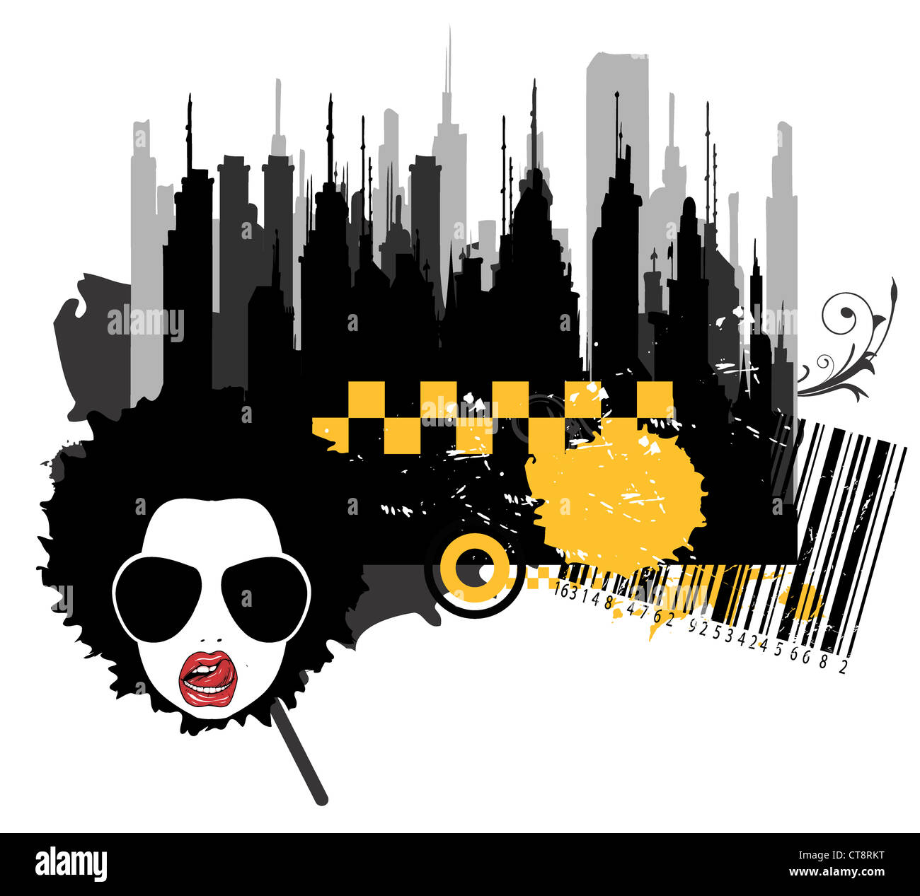 abstract city illustration with buildings, grunge and floral Stock ...