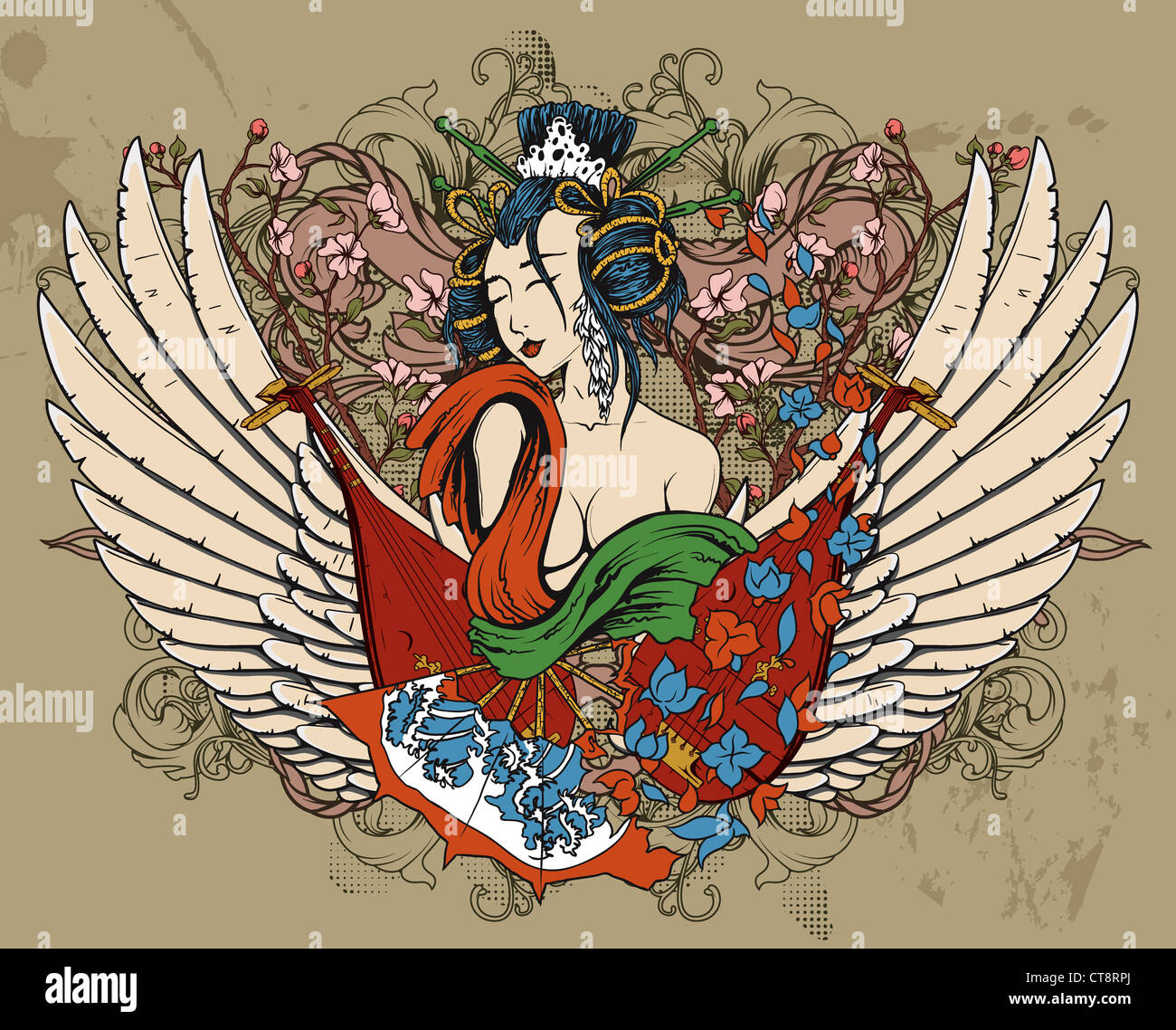 geisha with floral vector illustration Stock Photo - Alamy