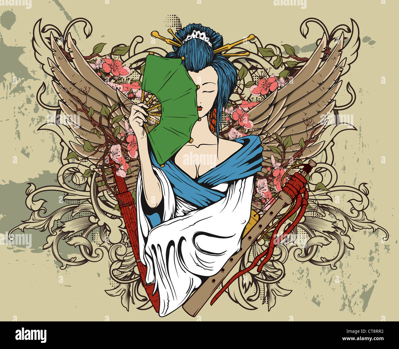 geisha with floral vector illustration Stock Photo - Alamy