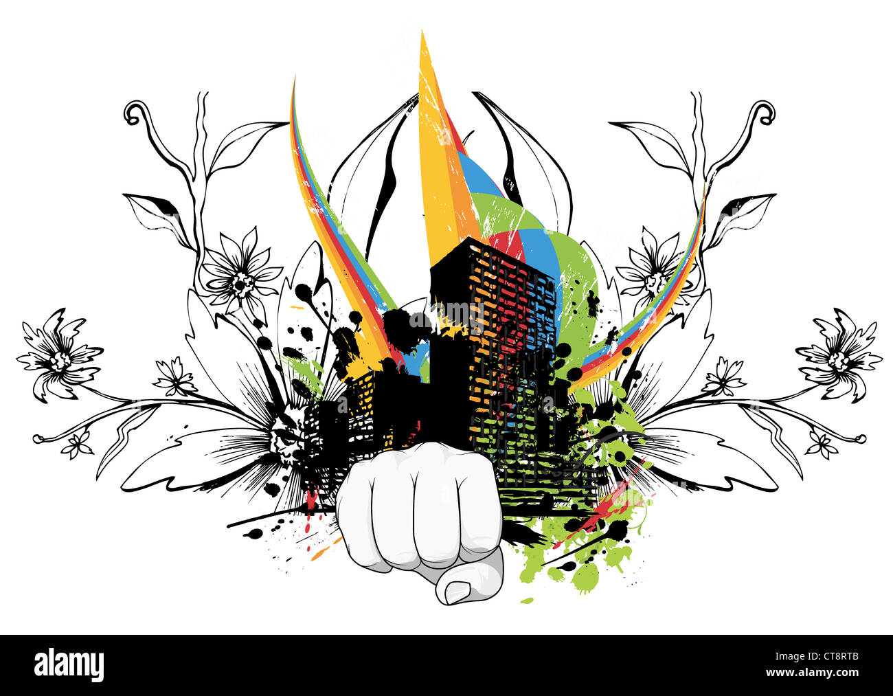 abstract city illustration with buildings, grunge and floral Stock ...