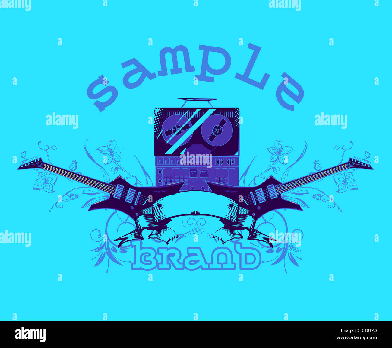 vintage illustration with tape recorder, floral, and scroll Stock Photo ...