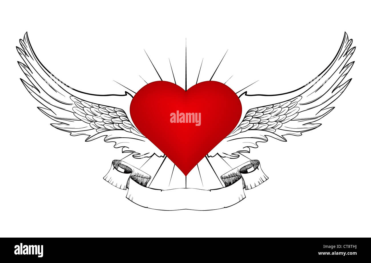 valentine illustration of an abstract heart with wings, ray, and scroll ...