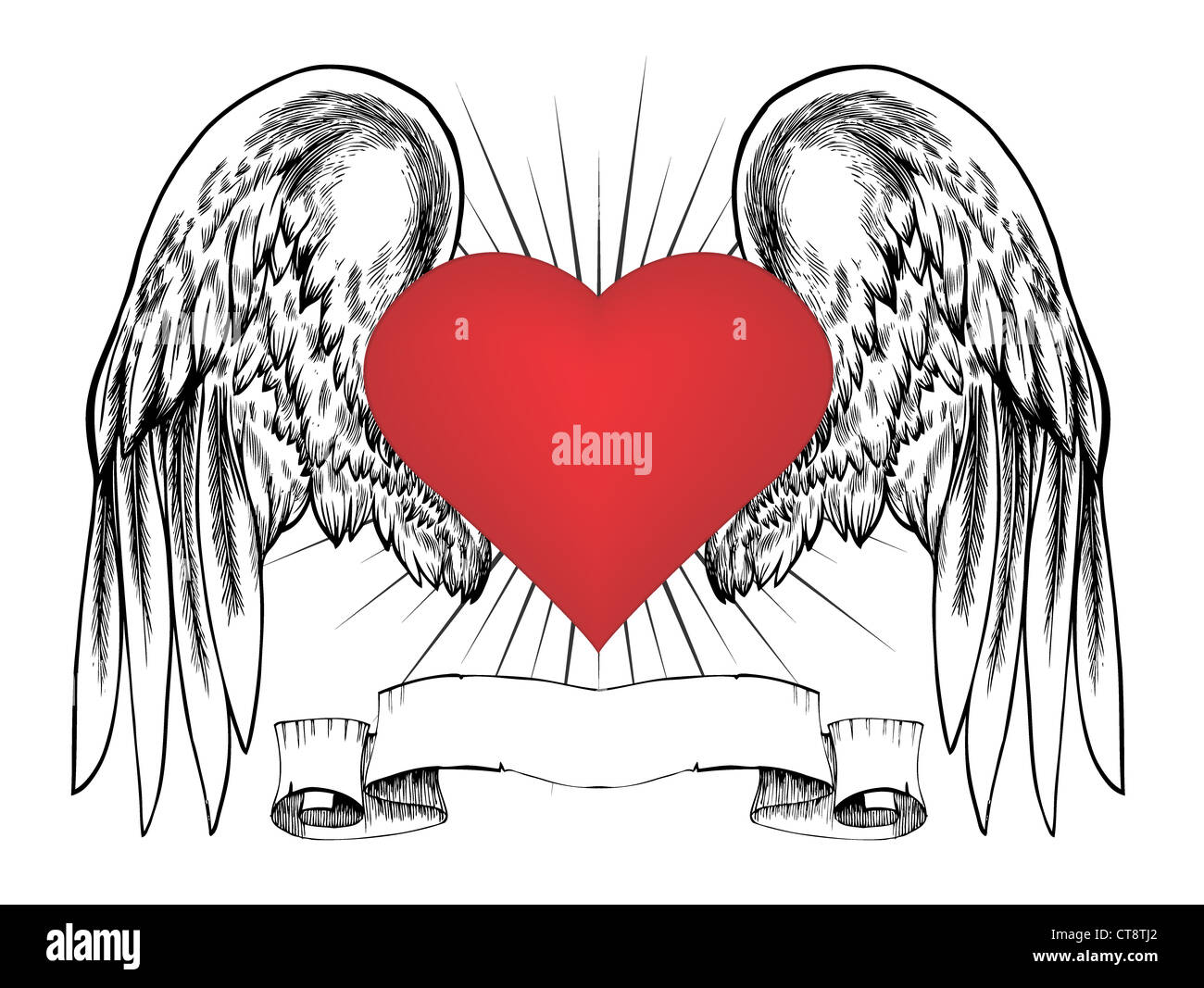 valentine illustration of an abstract heart with wings, ray, and scroll ...