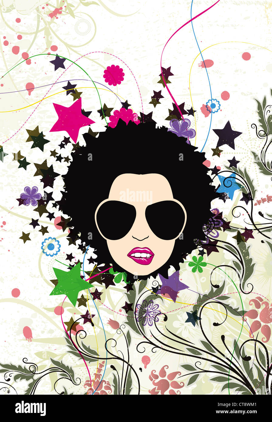 retro floral background with funky face vector illustration Stock Photo ...