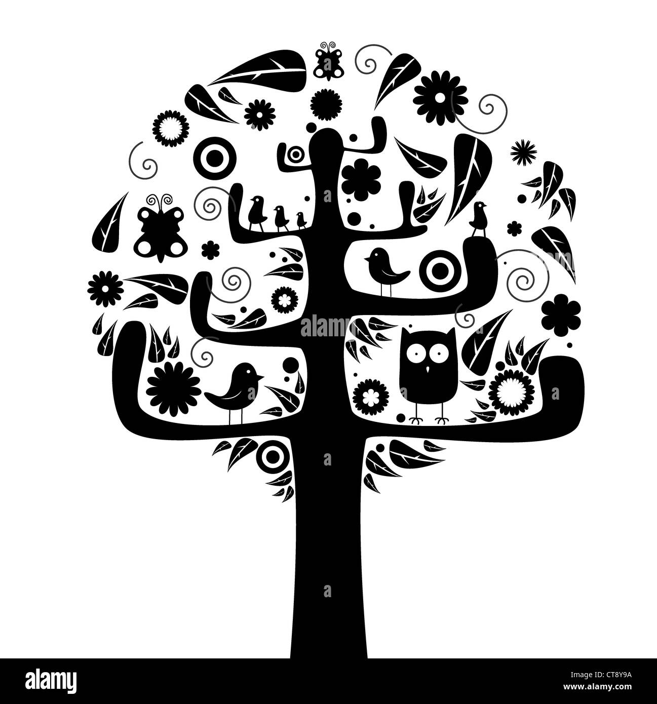 abstract tree with cute animals and leaves Stock Photo - Alamy