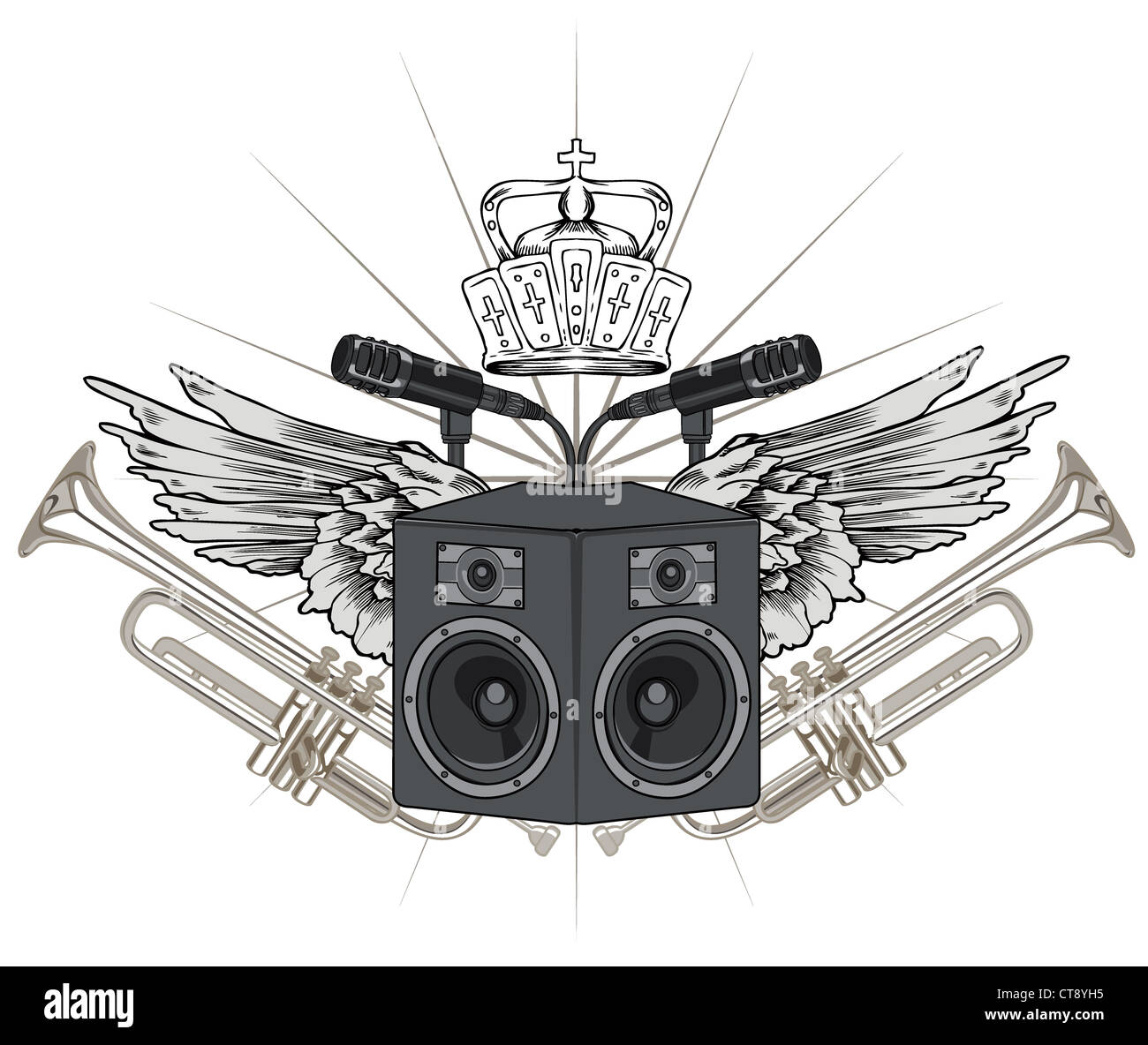 music emblem with speakers, trumpet and wings Stock Photo - Alamy