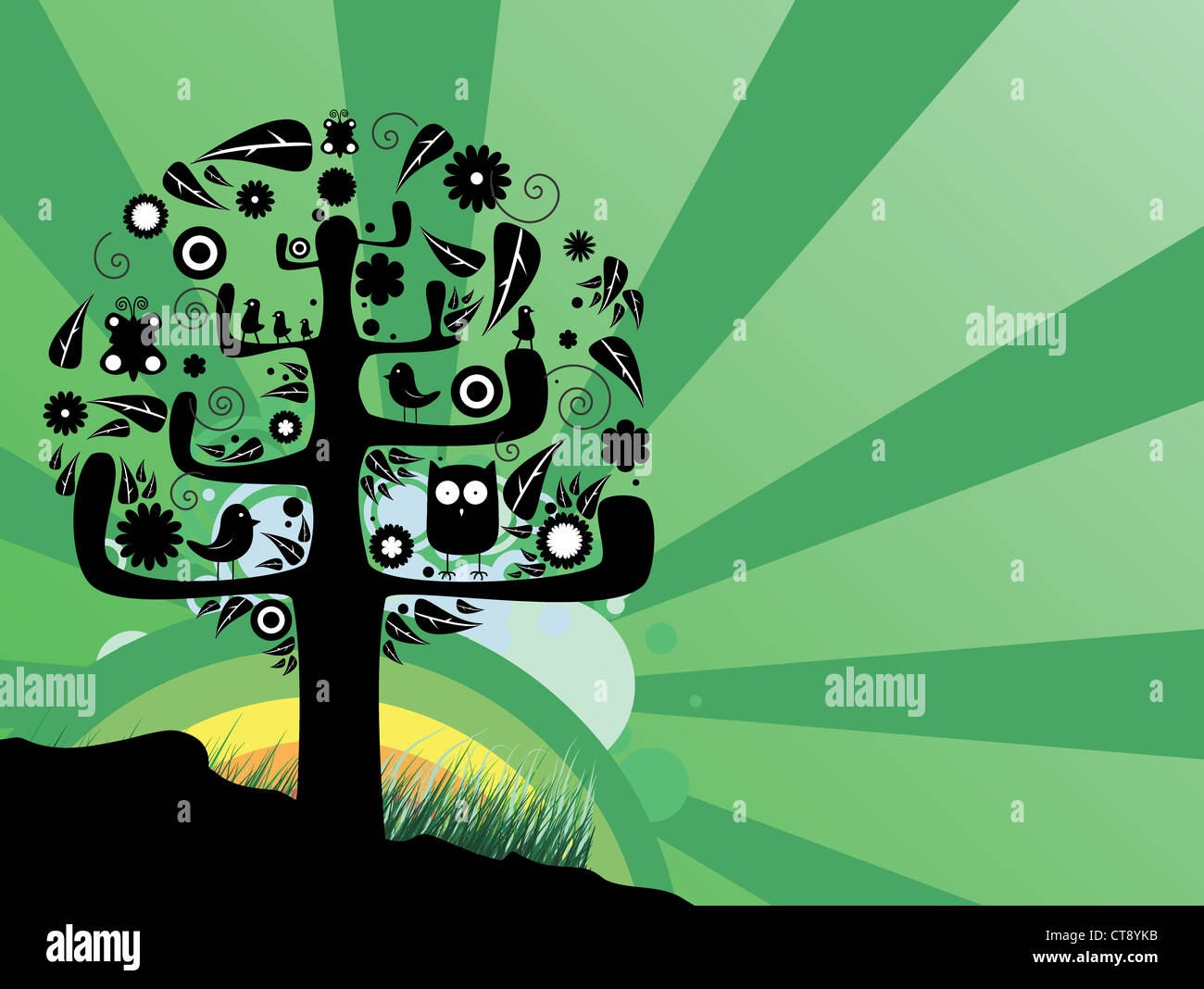beautiful illustration of an abstract tree with cute animals and leaves ...