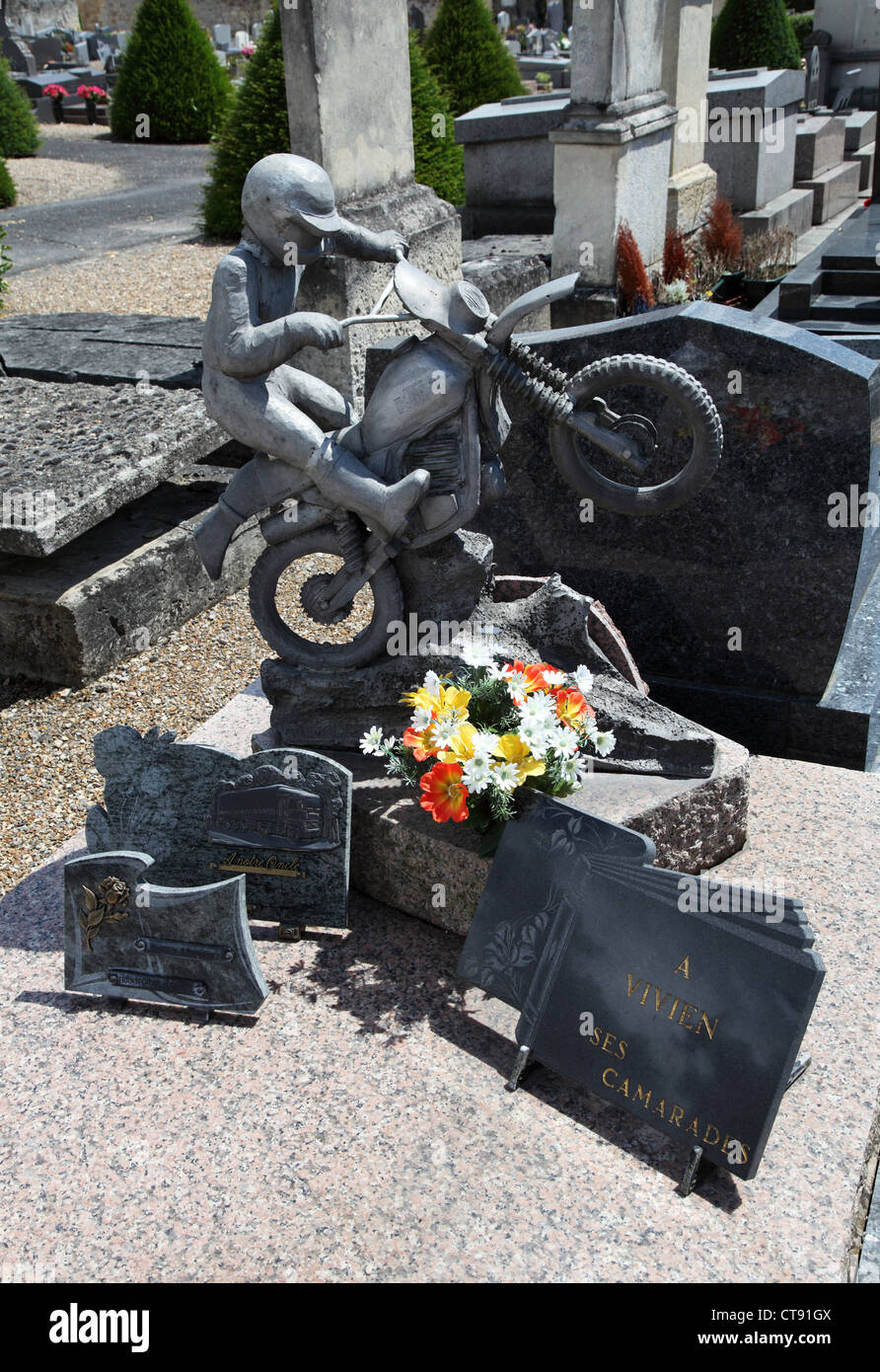 Unusual motorcycle gravestone within cemetery in Saint Leu d'Esserent ...