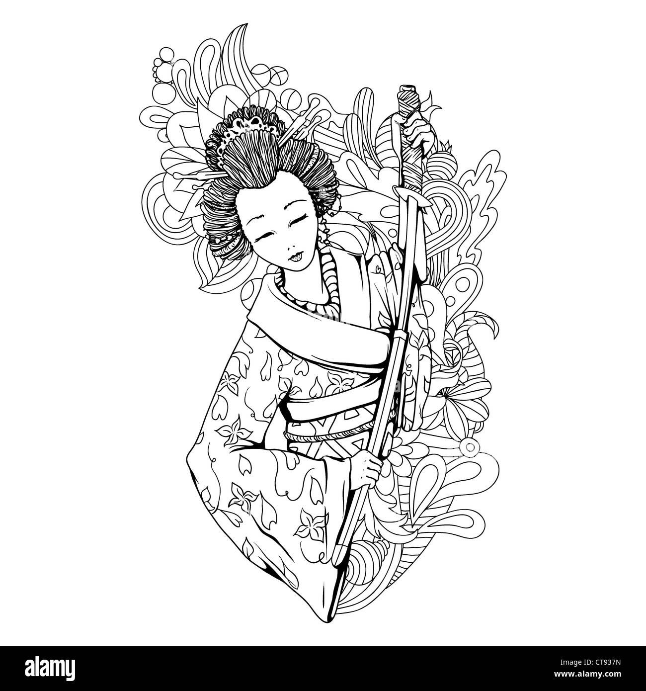 geisha with floral vector illustration Stock Photo - Alamy