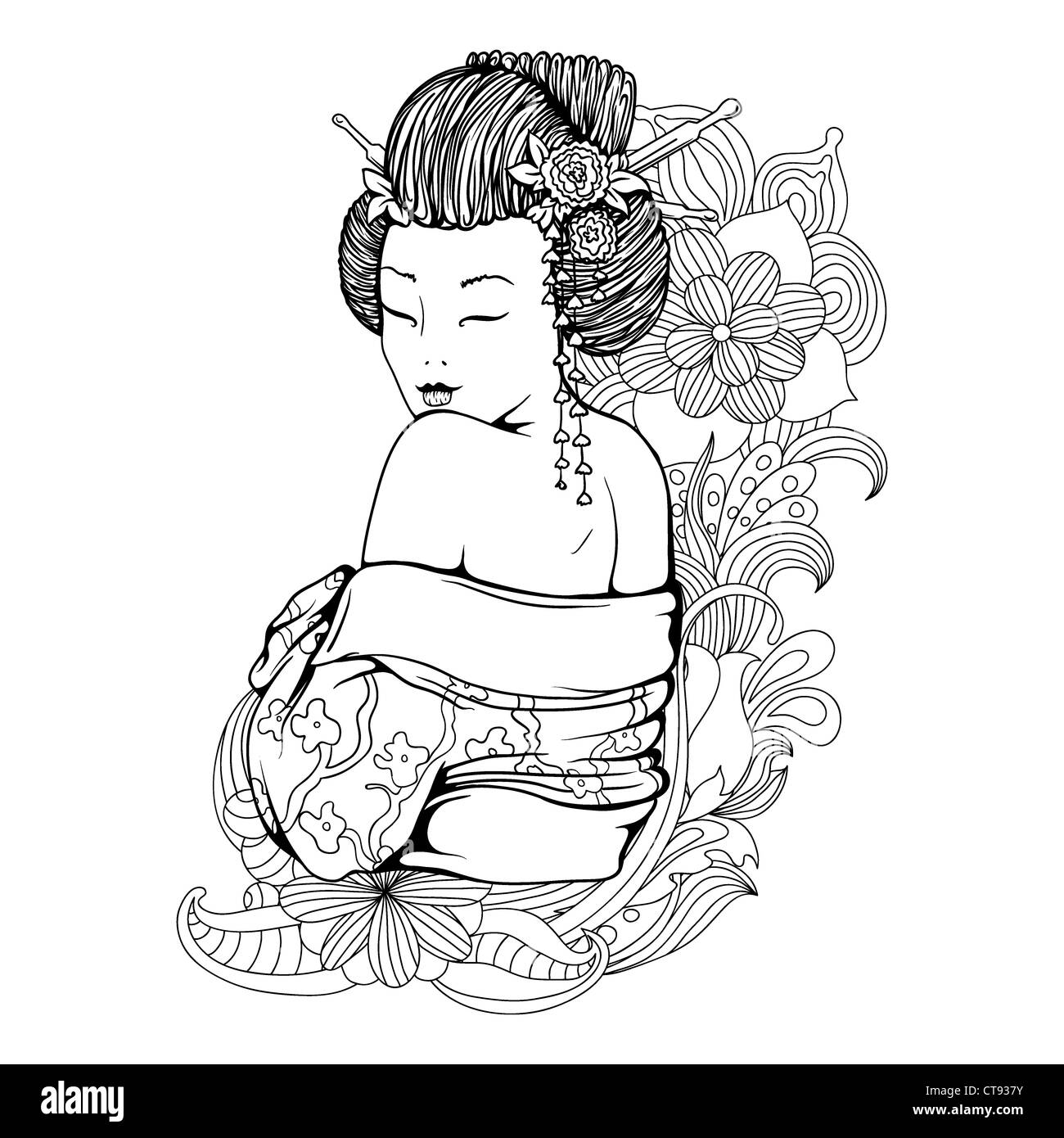 geisha with floral vector illustration Stock Photo - Alamy