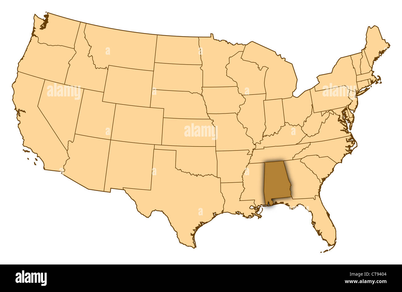 Map of United States where Alabama is highlighted Stock Photo - Alamy