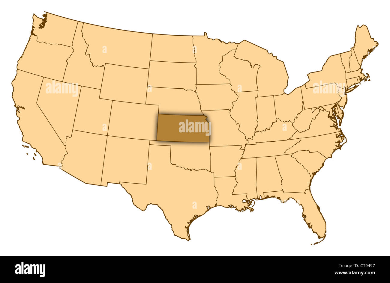 Map of United States where Kansas is highlighted Stock Photo - Alamy
