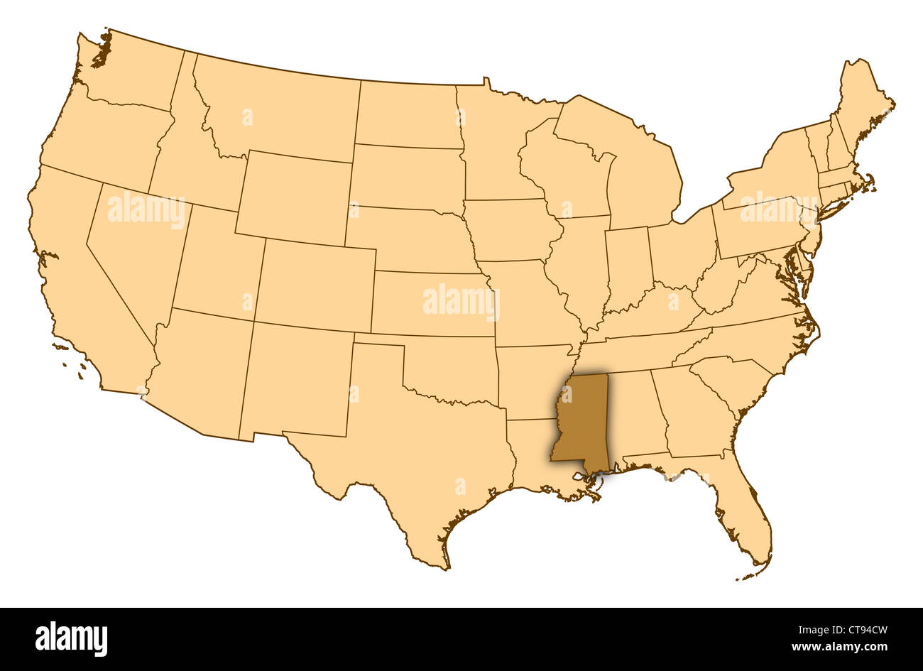 Map of United States where Mississippi is highlighted Stock Photo - Alamy