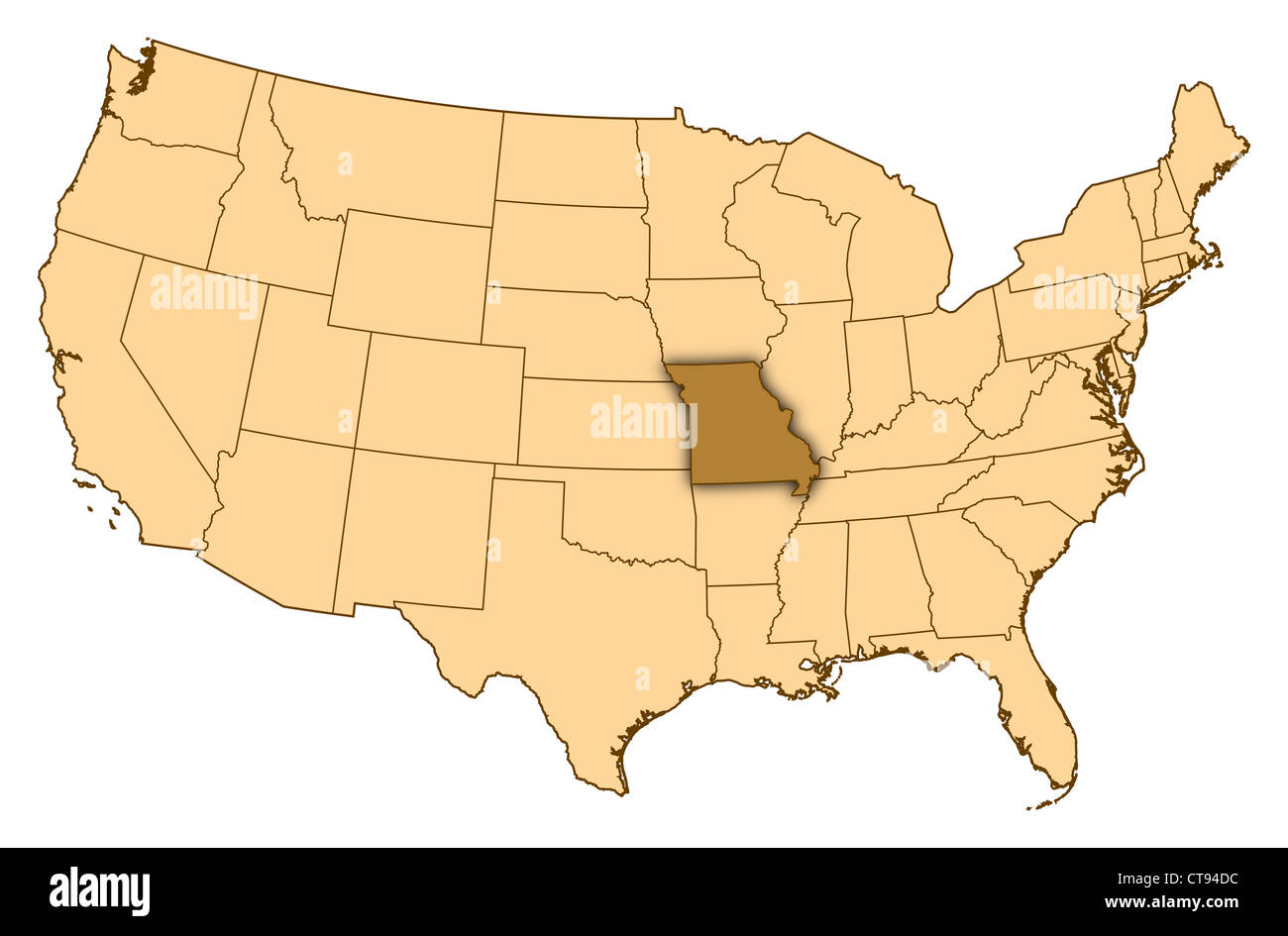 Map of United States where Missouri is highlighted Stock Photo - Alamy