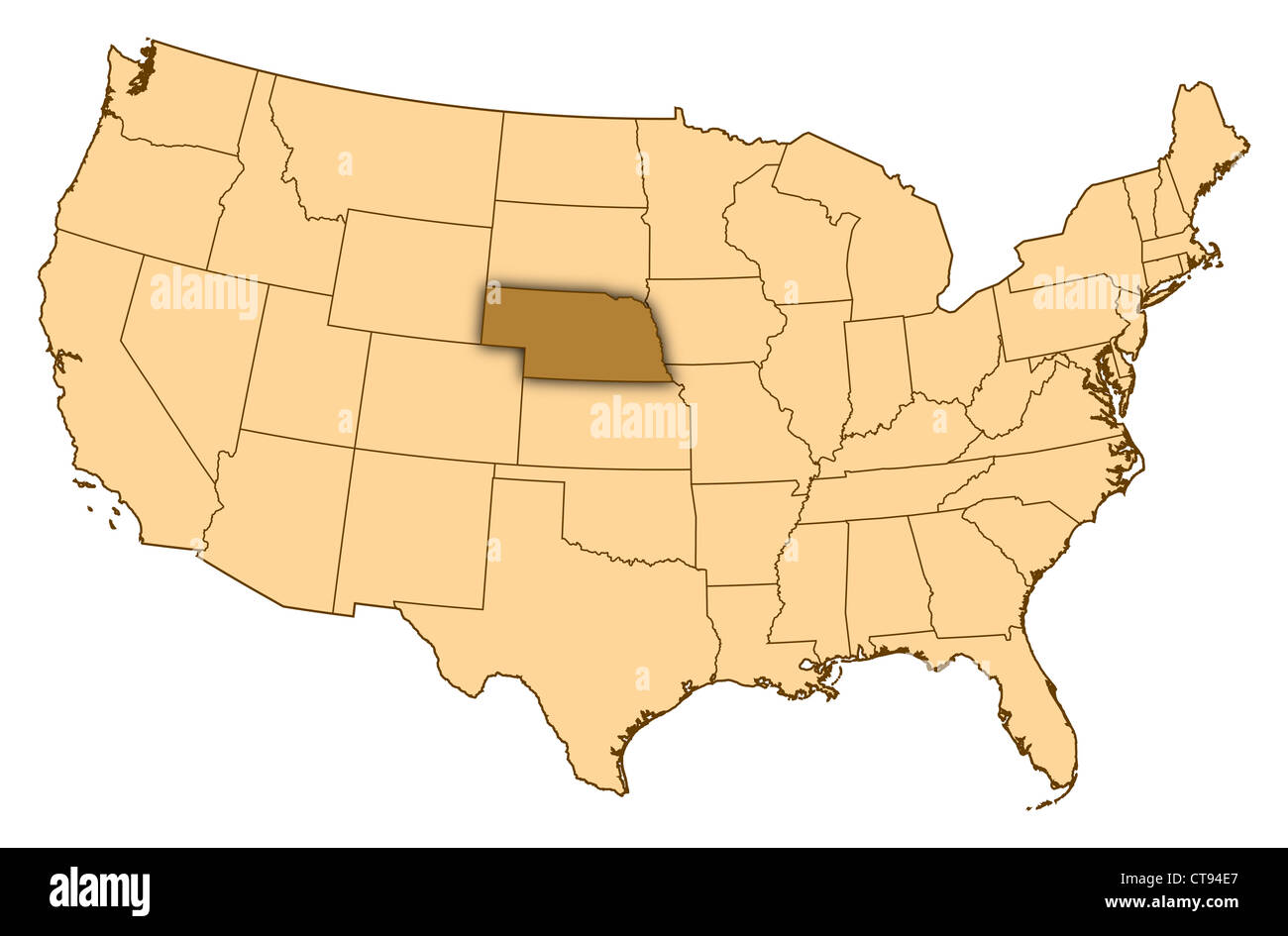 Map of United States where Nebraska is highlighted Stock Photo - Alamy