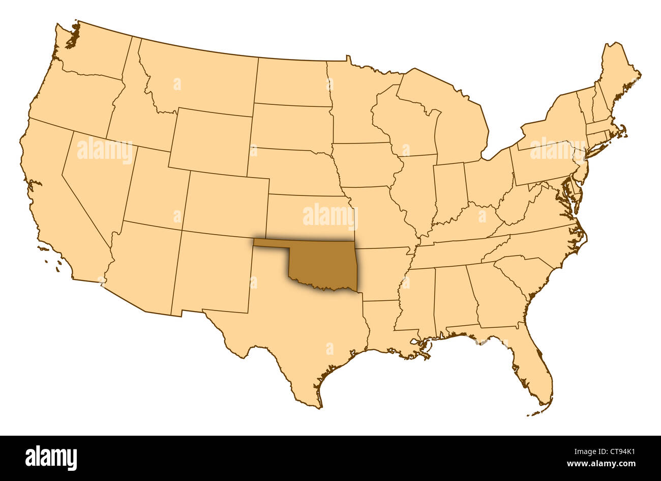 Map of United States where Oklahoma is highlighted Stock Photo - Alamy