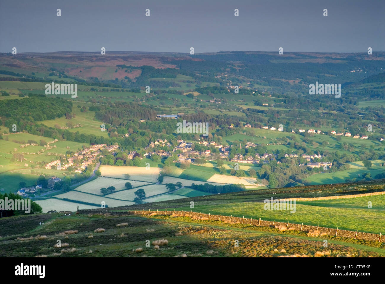 Derbyshire views over the Village of Bamford at sunset from the peak of ...