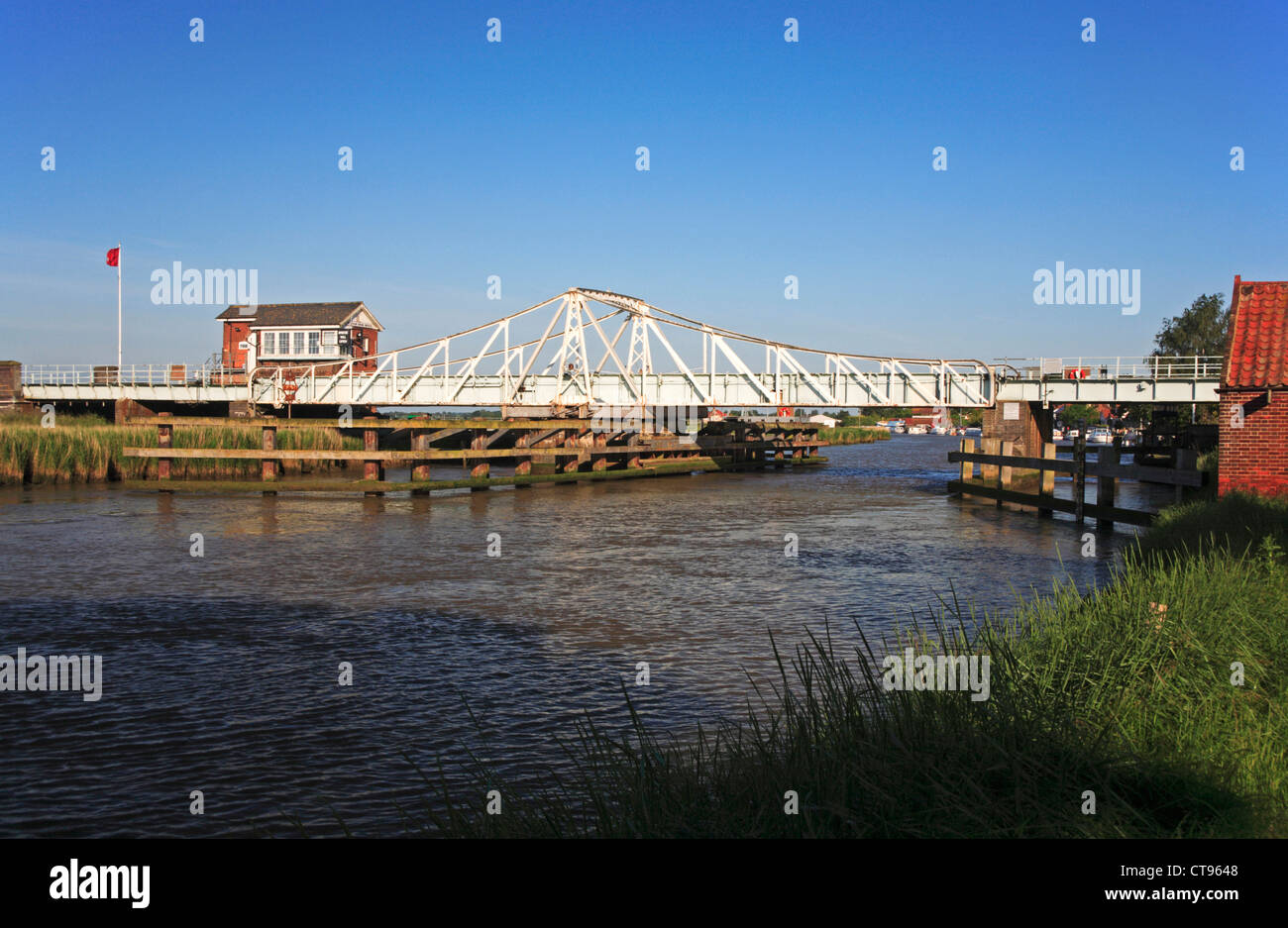 The railway swing bridge over the River Yare on the Norfolk Broads at ...