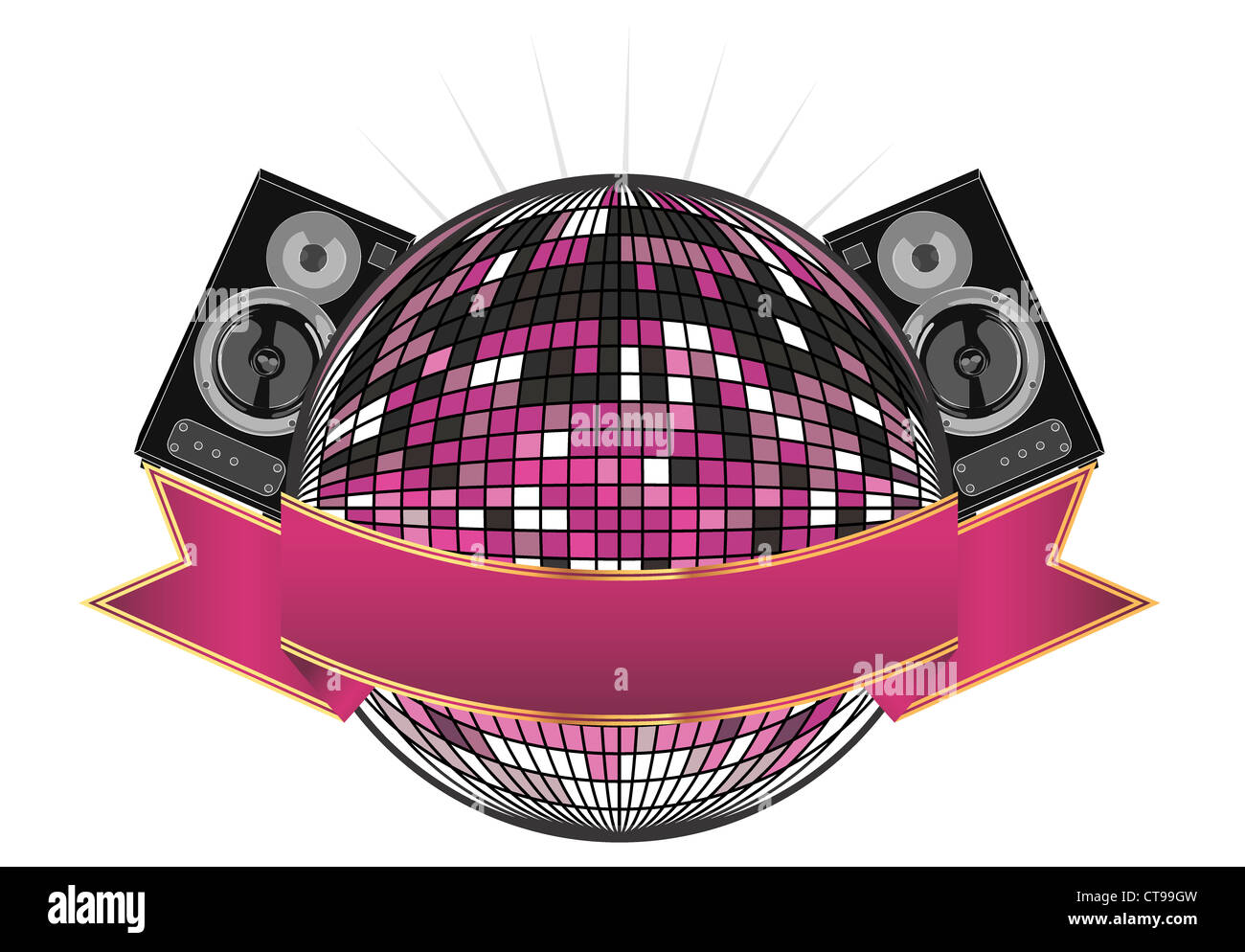 music illustration with scroll, speaker and discoball Stock Photo - Alamy