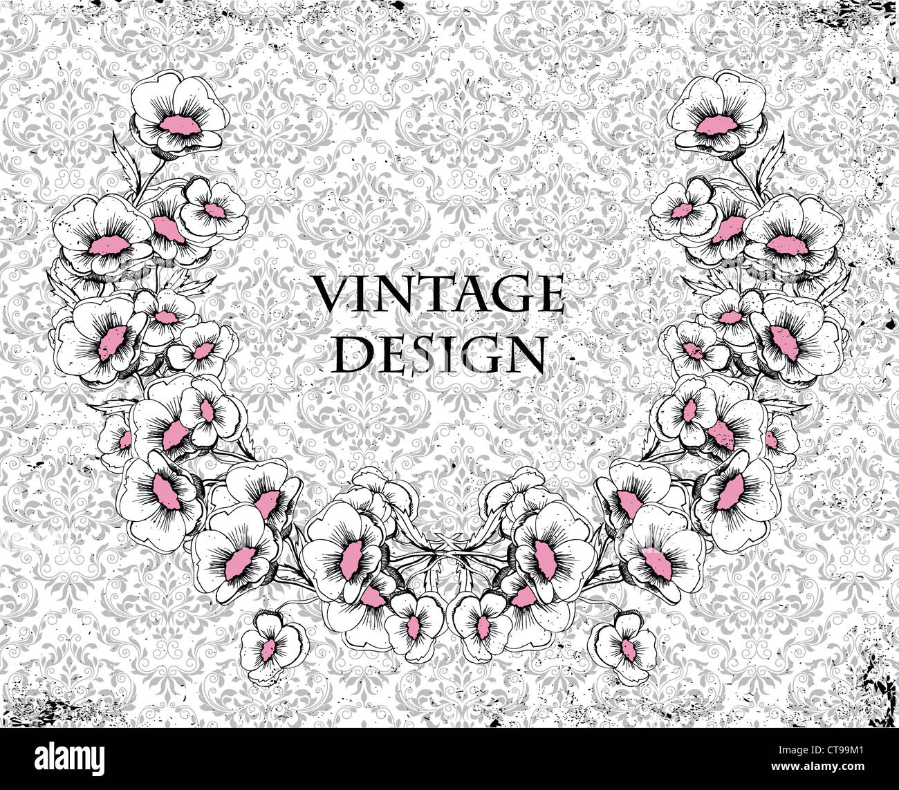 vector grunge damask background with floral frame Stock Photo - Alamy