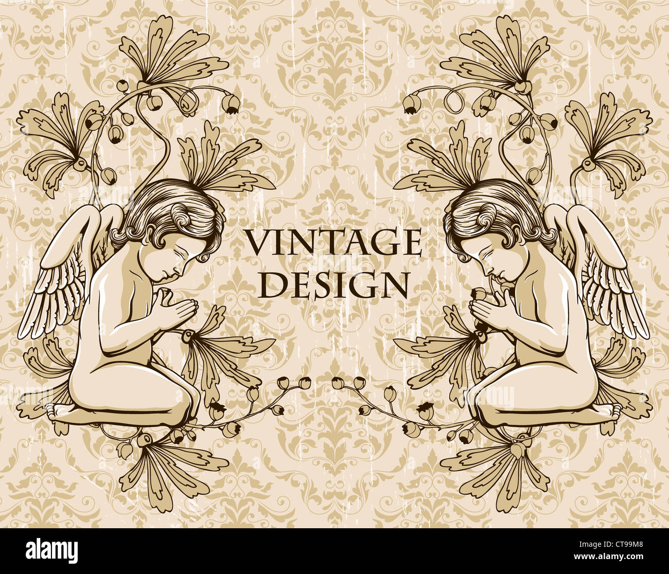 vector grunge damask background with angels Stock Photo - Alamy